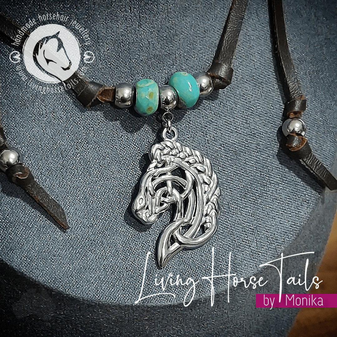 Boho Celtic Horse Leather Necklace with Turquoise & Silver look Beads ...